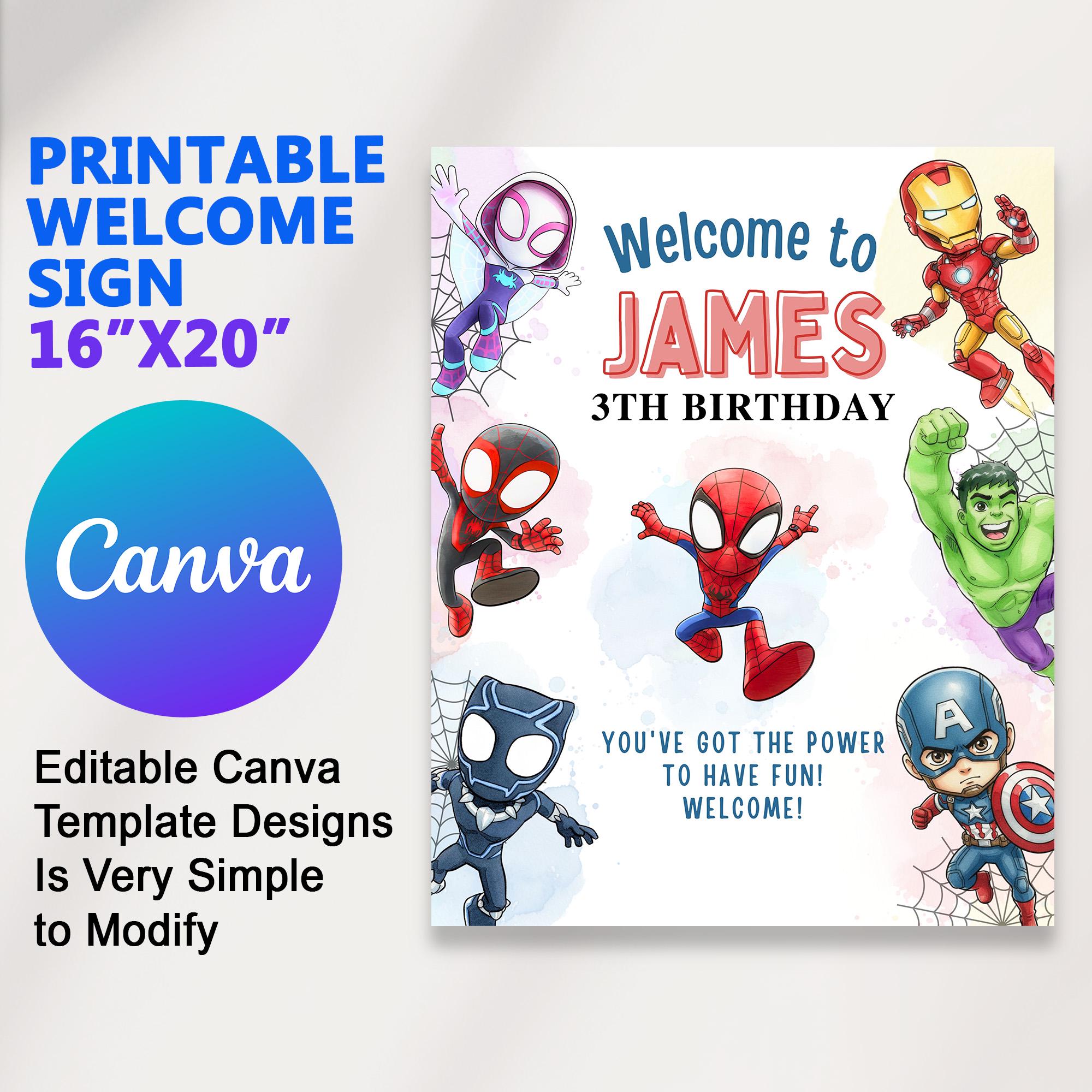 Watercolor Spidey Welcome Sign Template – Editable Spidey and His ...