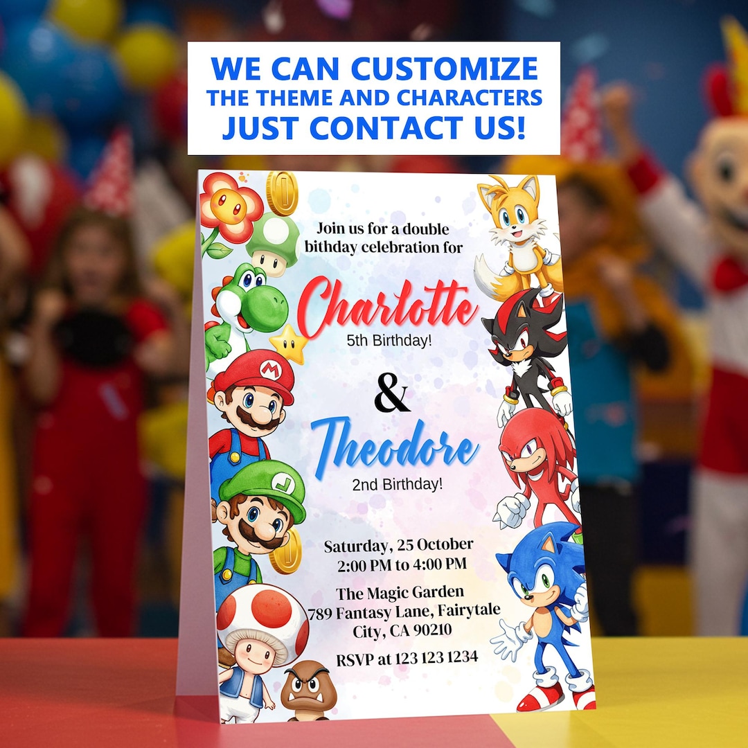 Sonic and Super Mario Joint Birthday Invitation Template | Double Party ...