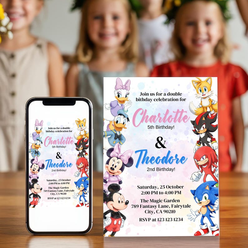 Editable Sonic and Mickey Mouse Joint Birthday Party Invitation ...