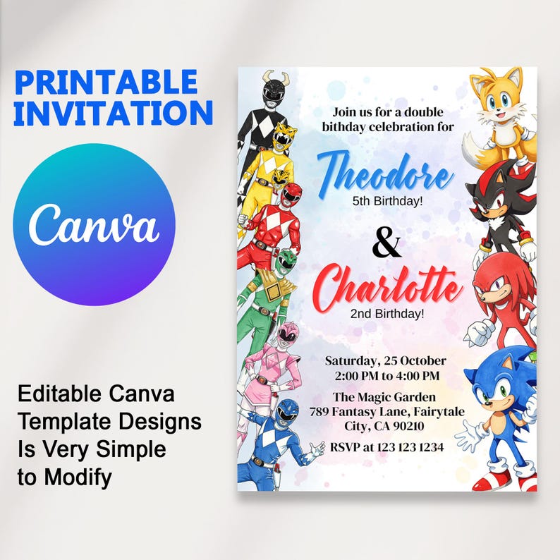 Editable Sonic and Power Rangers Joint Birthday Party Invitation ...