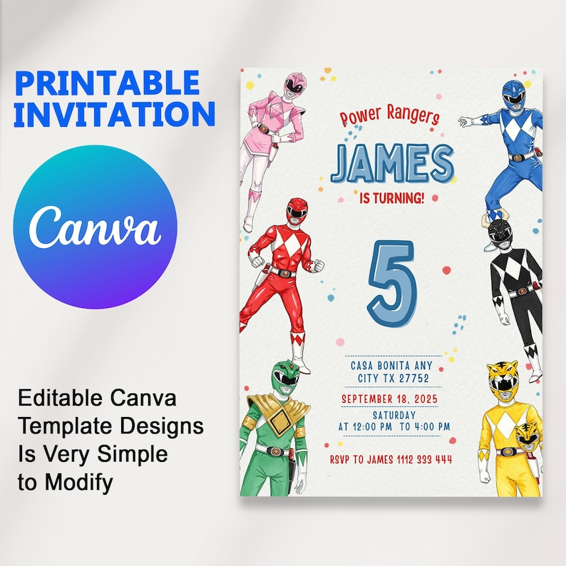 Power Rangers Birthday Invitation | Power Rangers Invite | Printable ...