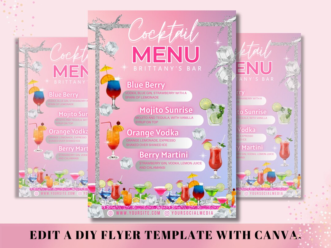 Cocktail Menu Flyer, DIY Flyer Template Design, Bar Menu Sign Flyer ...