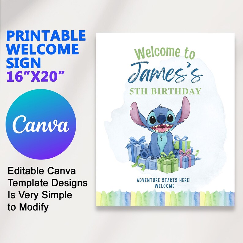 Watercolor Lilo and Stitch Welcome Sign Template – Editable Canva ...