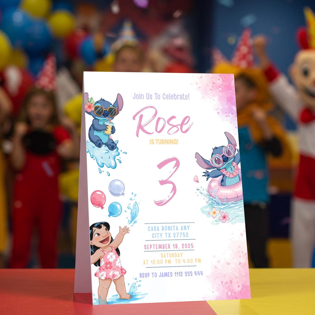 Editable Lilo and Stitch Pool Party Birthday Invitation Canva Template ...