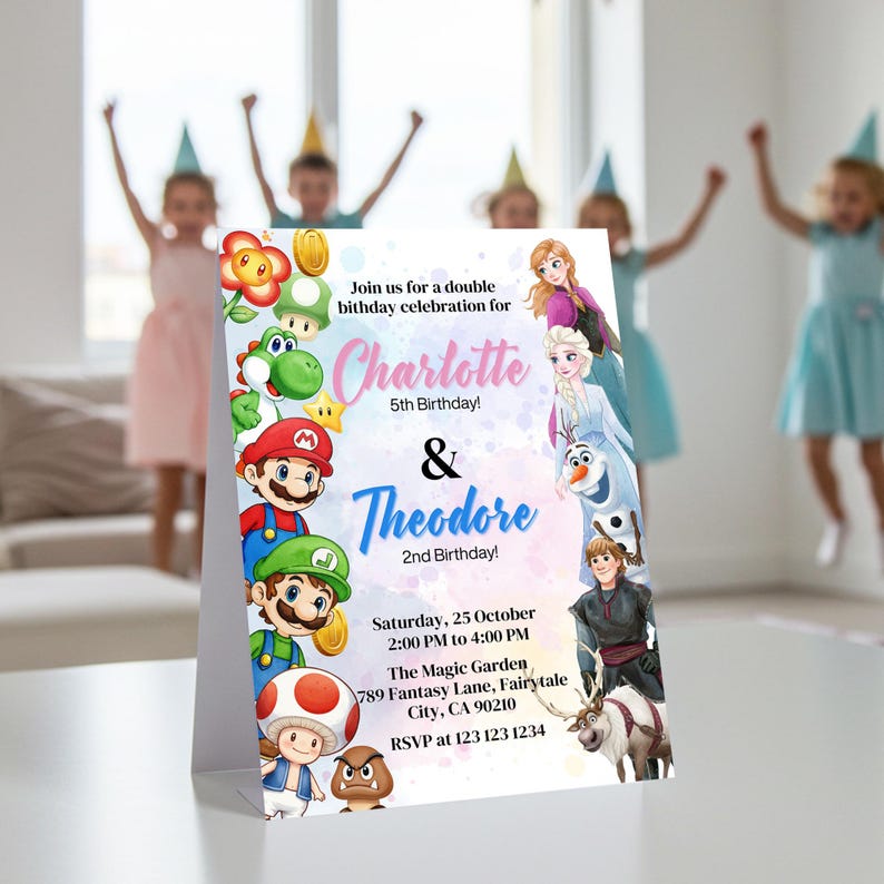 Editable Frozen and Super Mario Joint Birthday Party Invitation ...