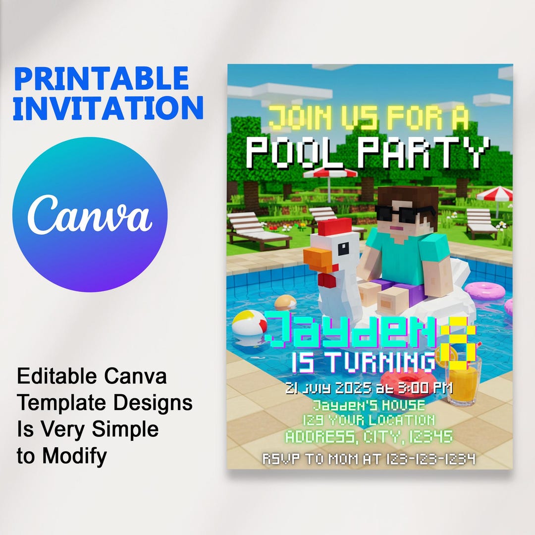 Editable Minecraft Pool Party Invitation | Minecraft Pool Birthday ...