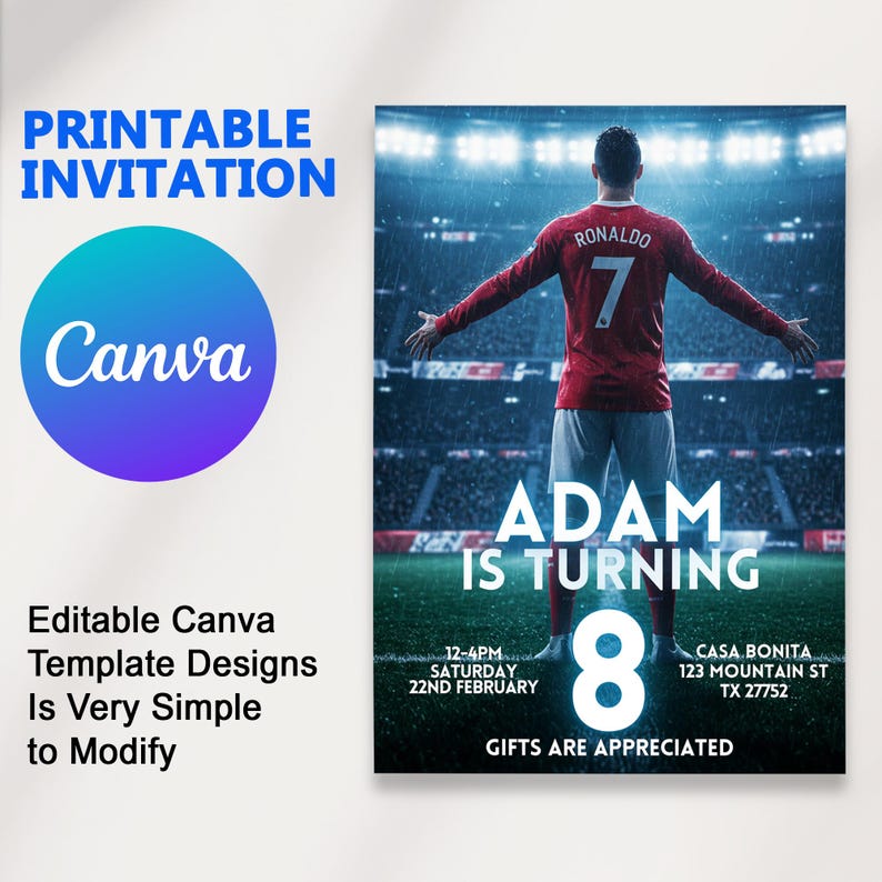 Ronaldo Birthday Invitation Night Theme | Soccer Birthday Invitation ...