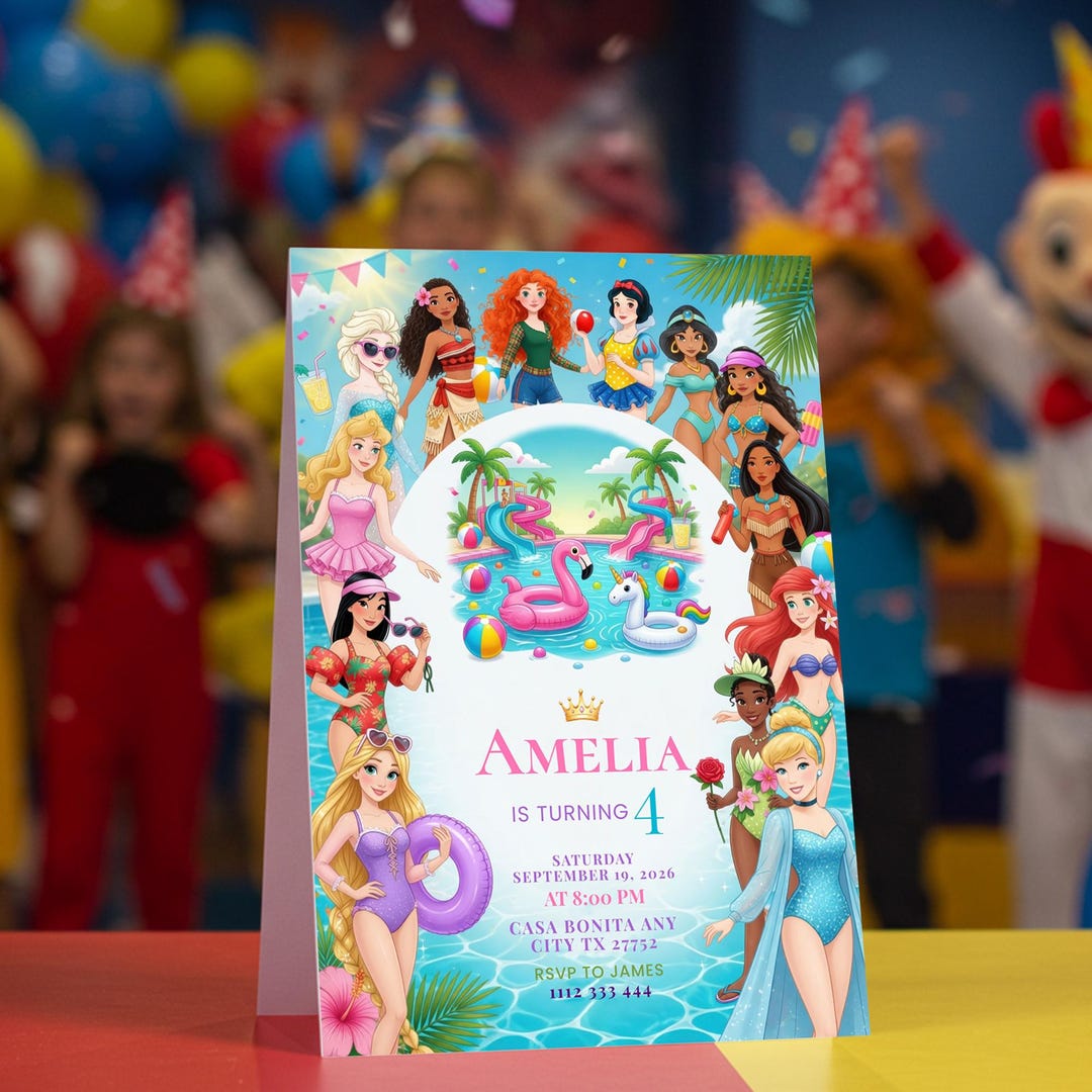 Princesses Pool Party Invitation, Editable Birthday Invite Template ...
