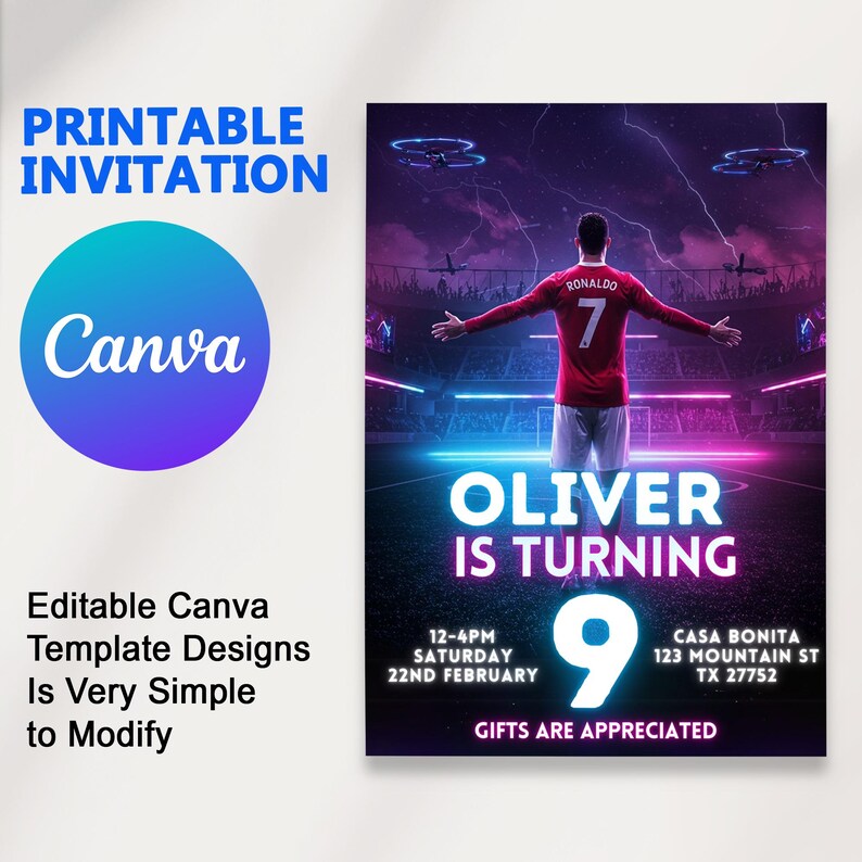 Ronaldo Birthday Invitation Neon Theme | Soccer Birthday Invitation ...