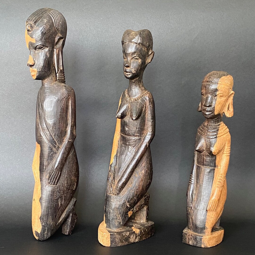 3 Vintage Sculpture 2 Tone Tribal Carved Heavy Hardwood Figures ...