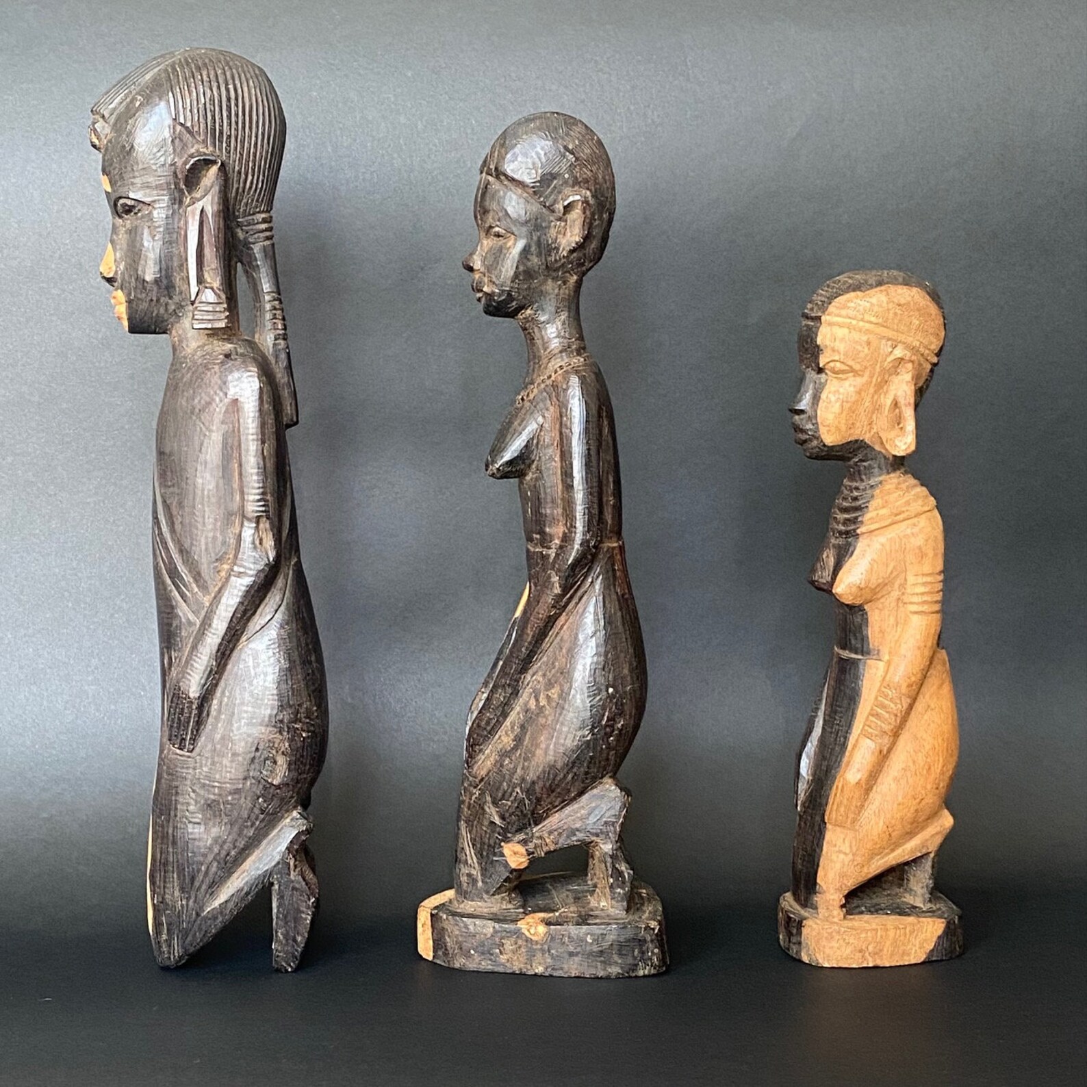 3 Vintage Sculpture 2 Tone Tribal Carved Heavy Hardwood Figures ...