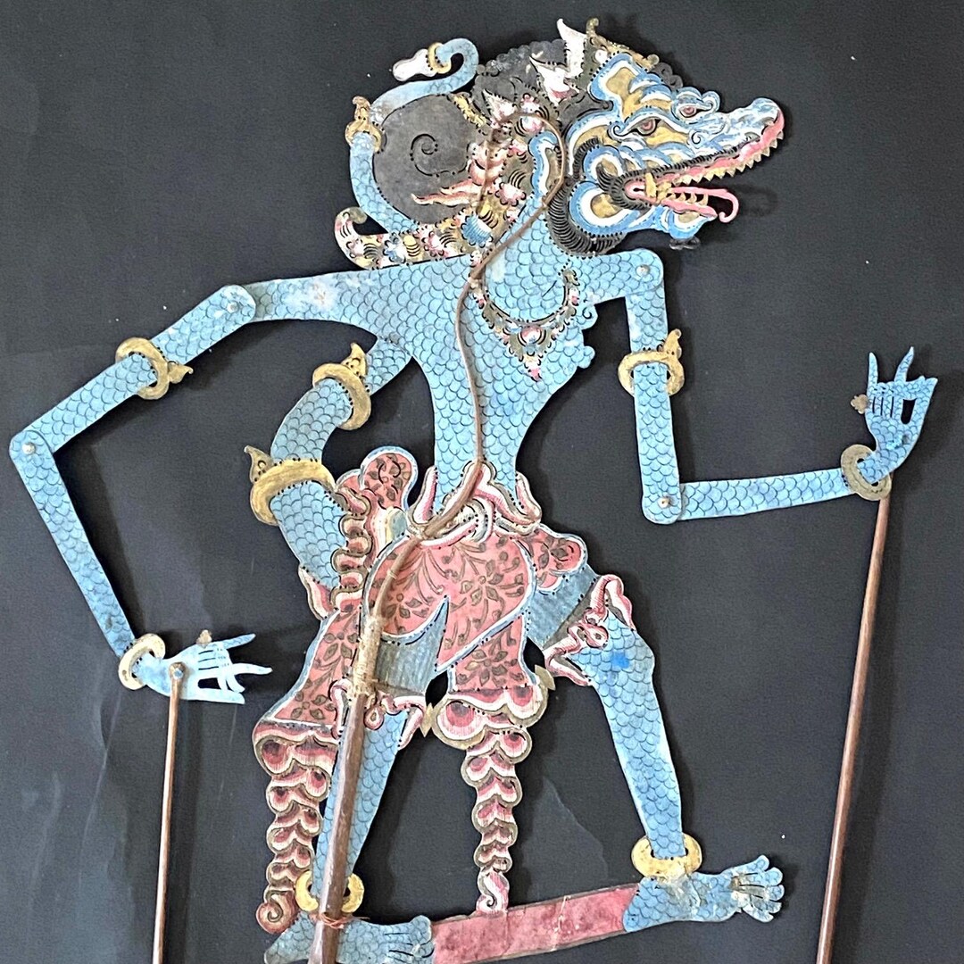 Vintage Javanese 1980s Wayang Kulit Painted Leather Blue Monkey Shadow ...