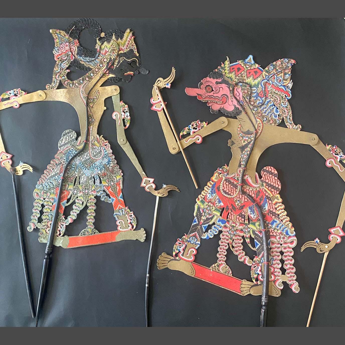 2 Large Vintage Javanese 1900s Wayang Kulit Painted Leather Shadow ...