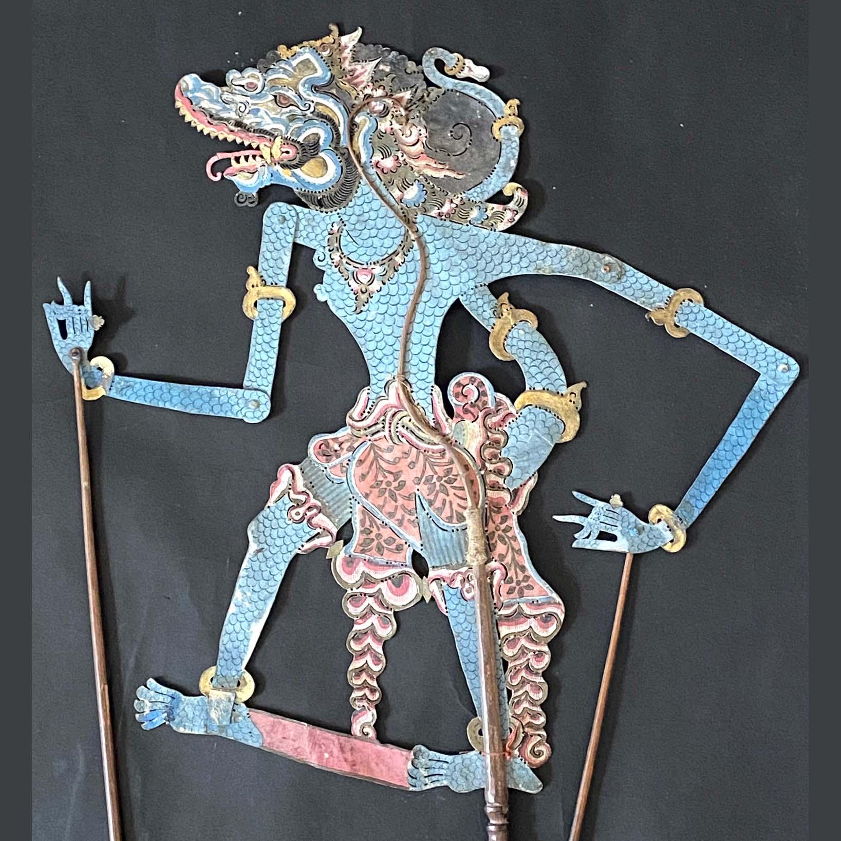 Vintage Javanese 1980s Wayang Kulit Painted Leather Blue Monkey Shadow ...