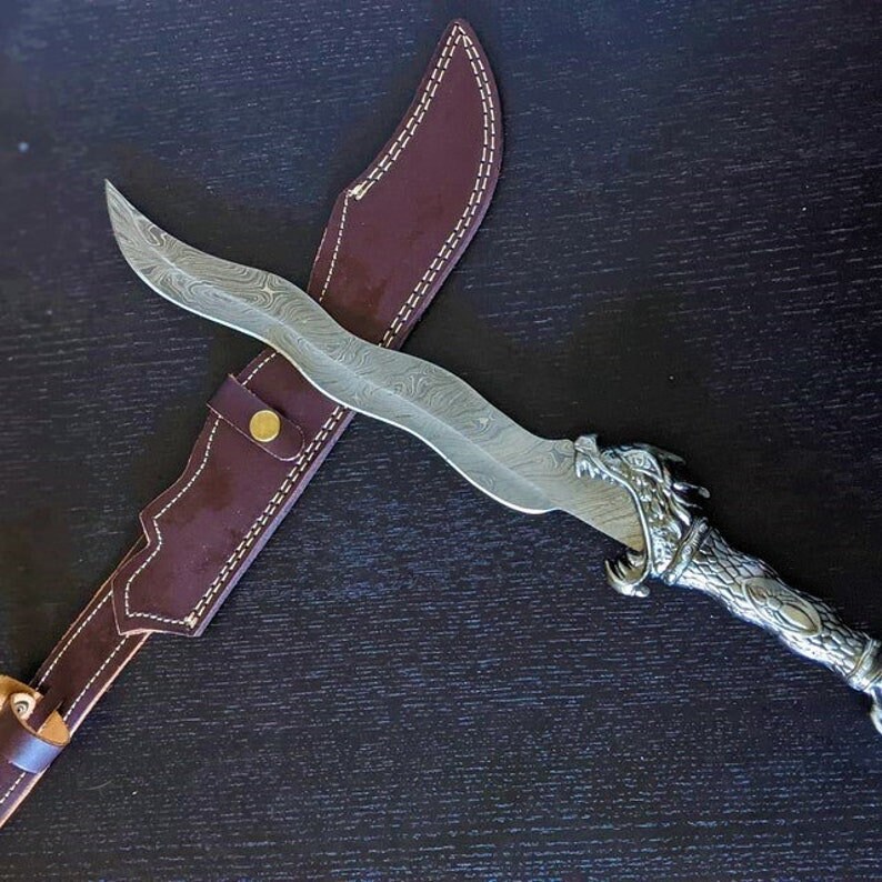 Handmade Damascus Steel Dragon Handle Sword With Leather Sheath ...