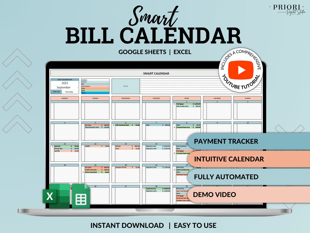 Bill Tracker Spreadsheet Google Sheets Excel Bill Calendar Monthly ...