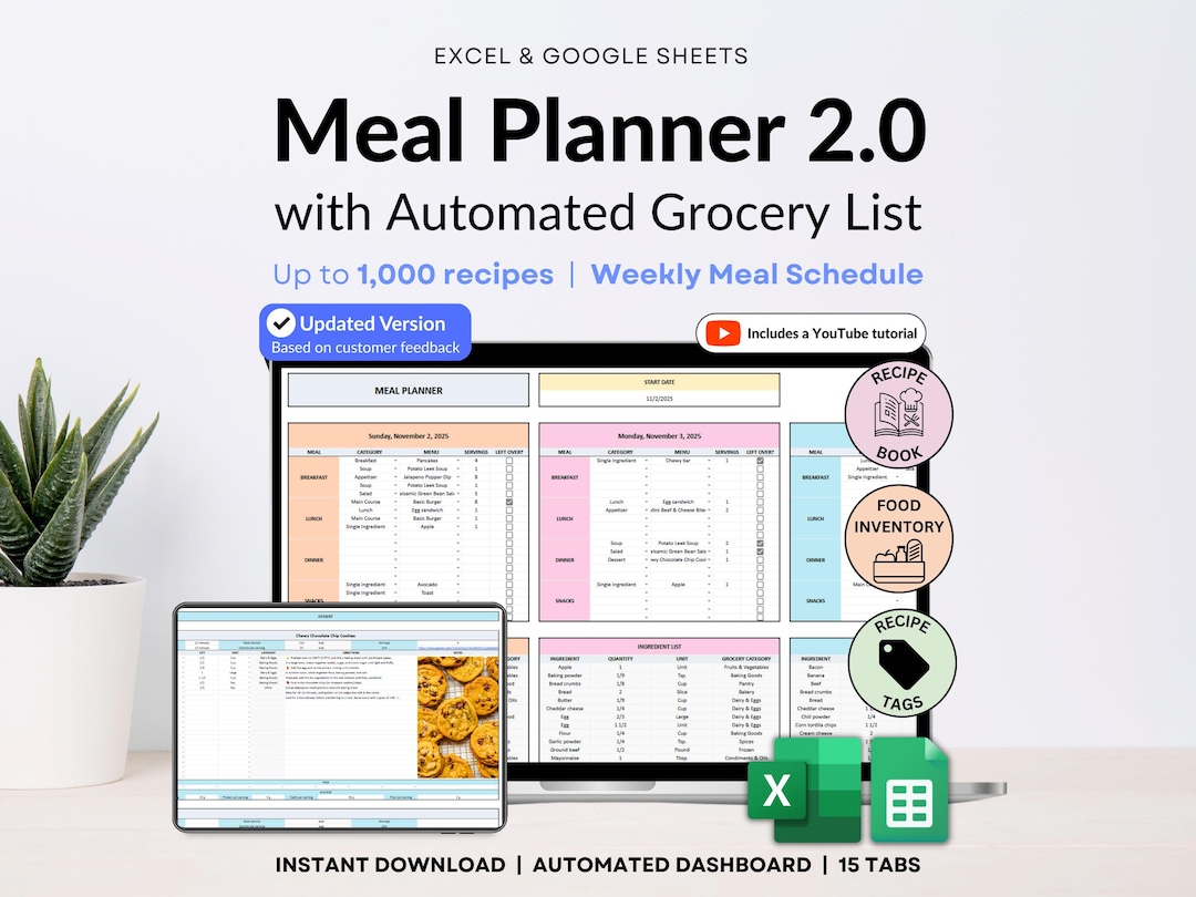 Weekly Meal Planner Google Sheets Spreadsheet Excel Recipe Journal ...