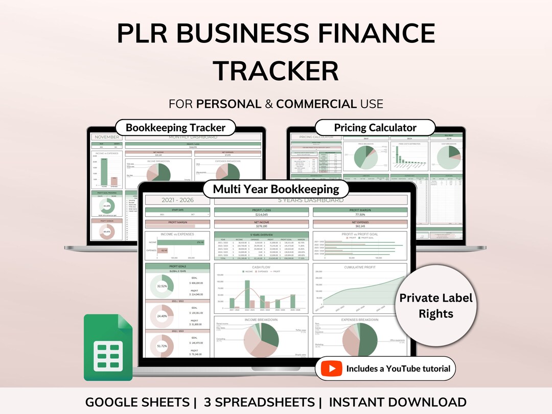 PLR Bookkeeping Spreadsheet Inventory Tracker Pricing Calculator Commercial Use PLR Google ...