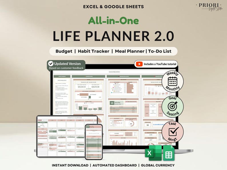 Life Planner Template Google Sheets Budget Tracker Excel ADHD Daily ...