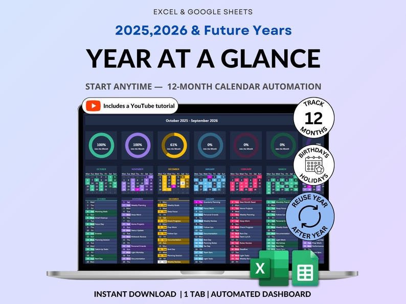Year at a Glance Planner Spreadsheet Dark Mode Undated Yearly Overview ...