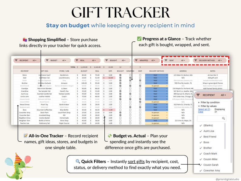 Gift Tracker Spreadsheet Google Sheets Birthday Gifts Tracker Wedding ...