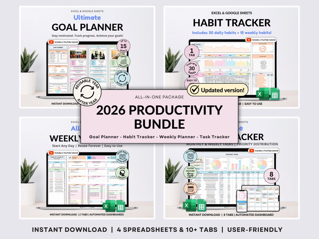 Productivity Bundle Habit Tracker Google Sheets Excel Daily Weekly ...