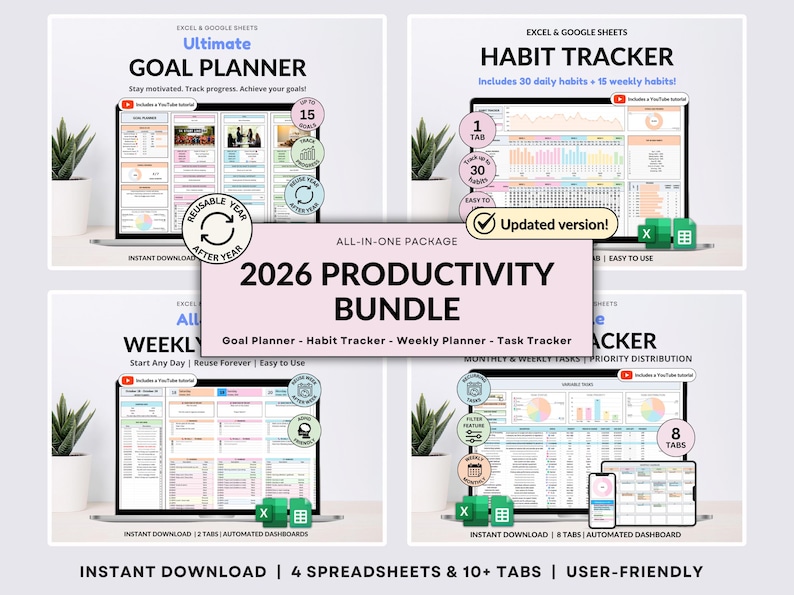 Productivity Bundle Habit Tracker Google Sheets Excel Daily Weekly ...