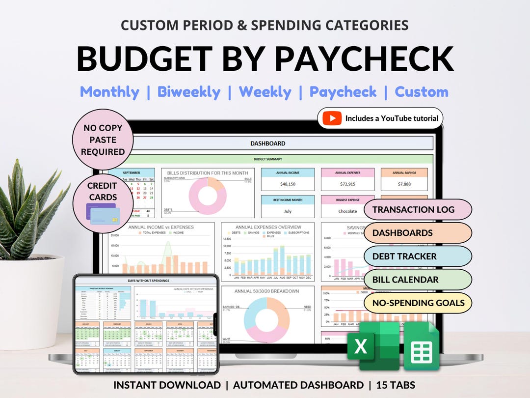 Paycheck Budget Spreadsheet Monthly Budget Weekly Budget Biweekly Debt ...