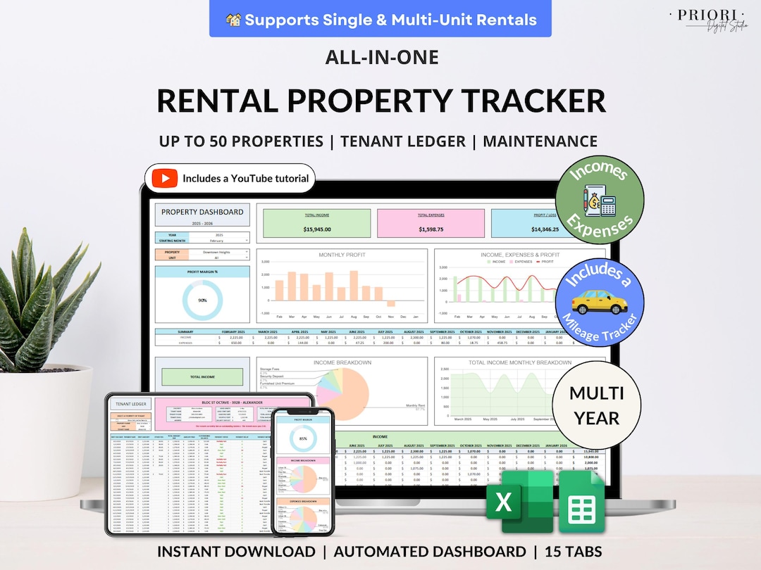 Rental Property Tracker Landlord Spreadsheet Multi Property Income and ...