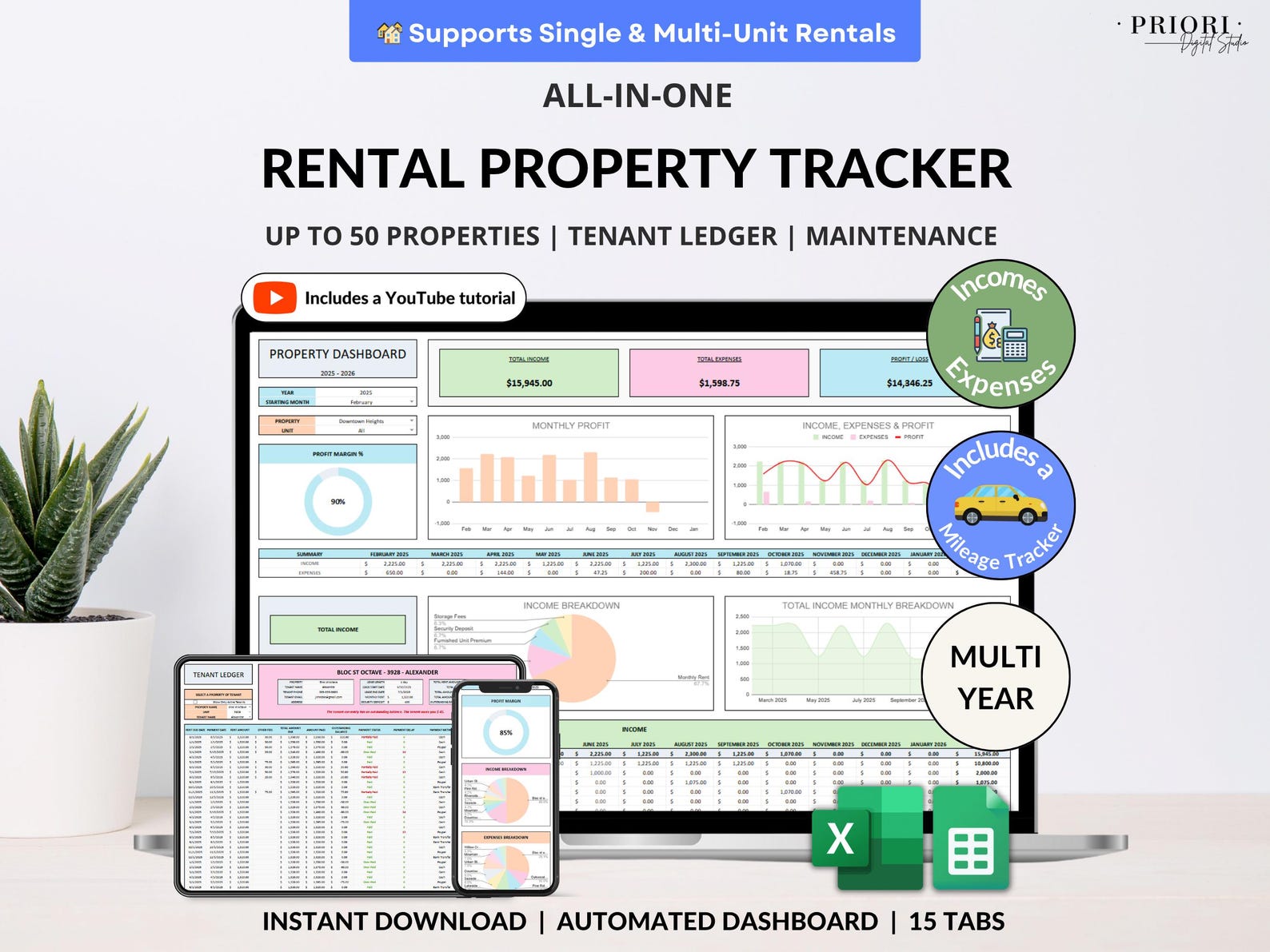 Rental Property Tracker Landlord Spreadsheet Multi Property Income and ...