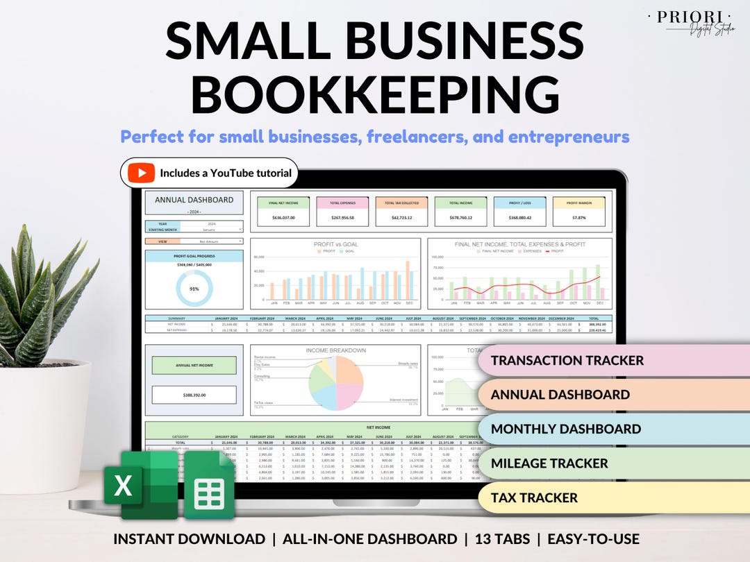 Small Business Bookkeeping Spreadsheet Income Expense Tracker Tax ...