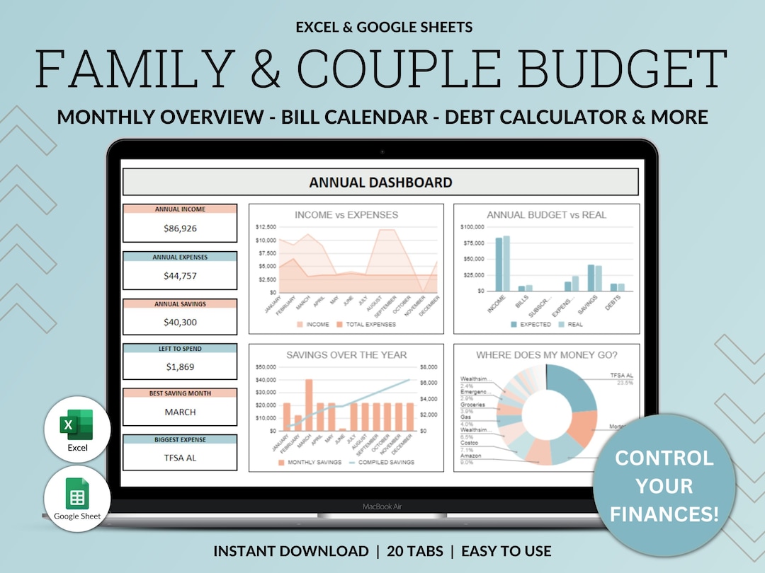 Family Couple Budget Excel Spreadsheet Google Sheets Monthly - Etsy