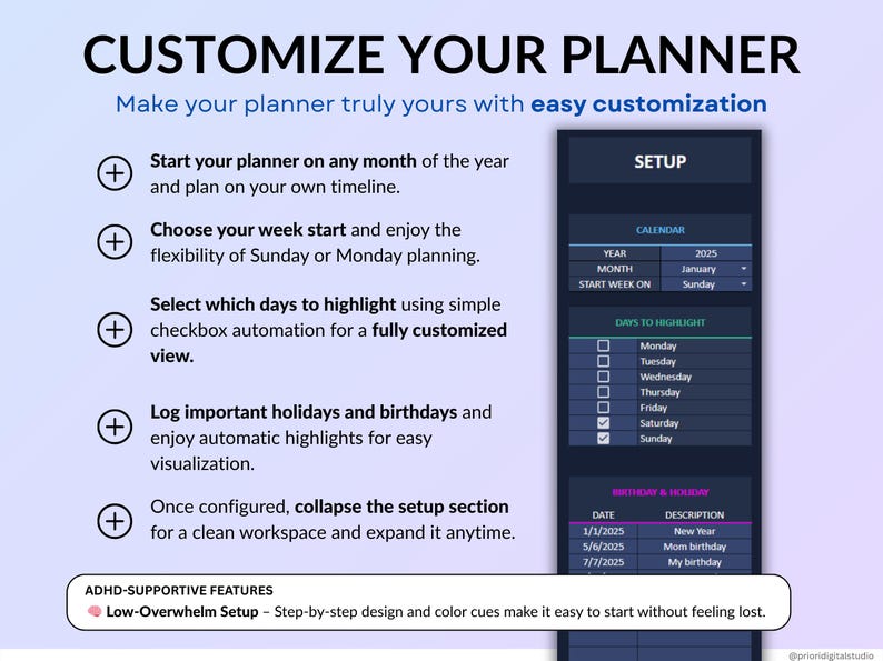 Year at a Glance Planner Spreadsheet Dark Mode Undated Yearly Overview Google Sheets Annual ...
