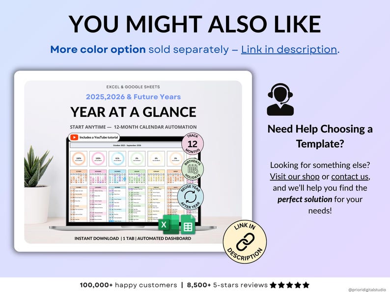 Year at a Glance Planner Spreadsheet Dark Mode Undated Yearly Overview ...
