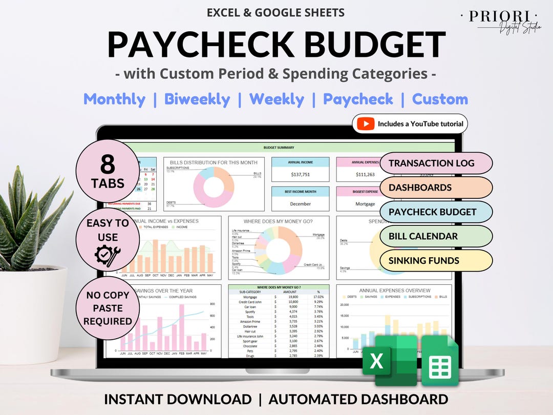 Paycheck Budget Spreadsheet Google Sheets & Excel Template Weekly ...