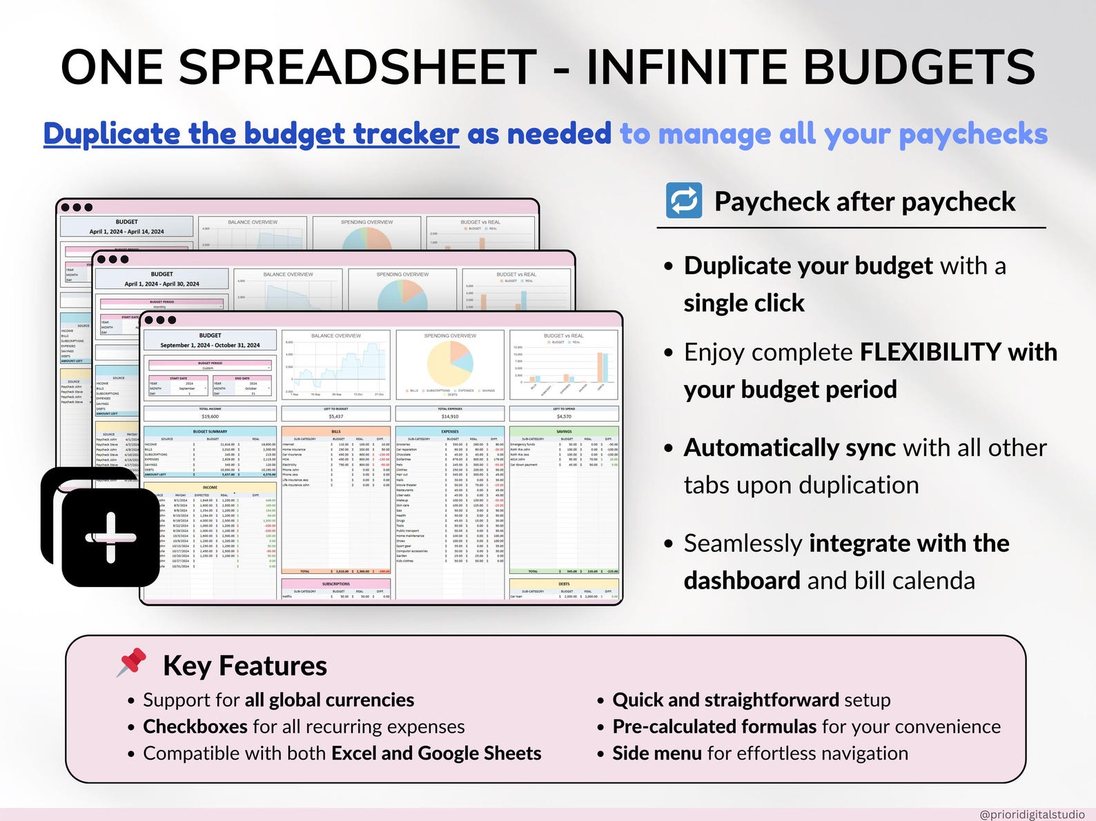 Paycheck Budget Spreadsheet Google Sheets & Excel Template Weekly ...