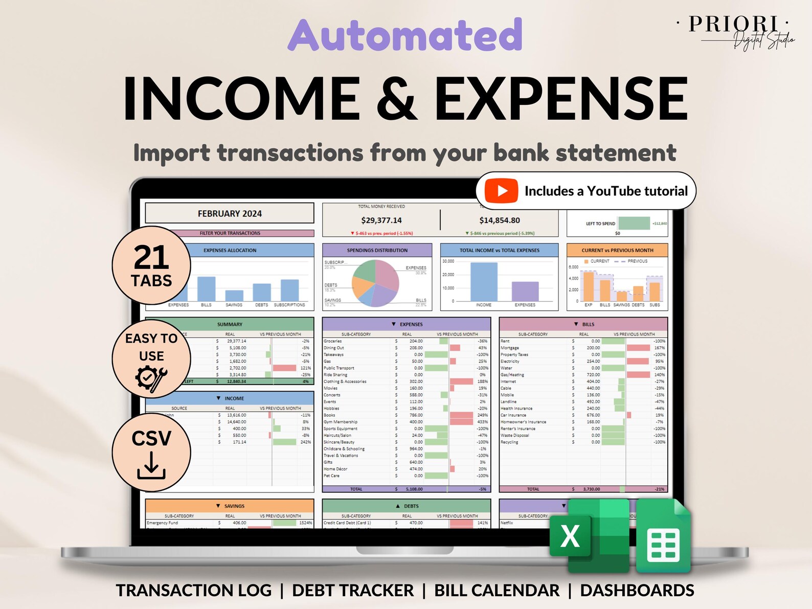 Income and Expense Tracker Spreadsheet Monthly Expense Tracker Debt ...
