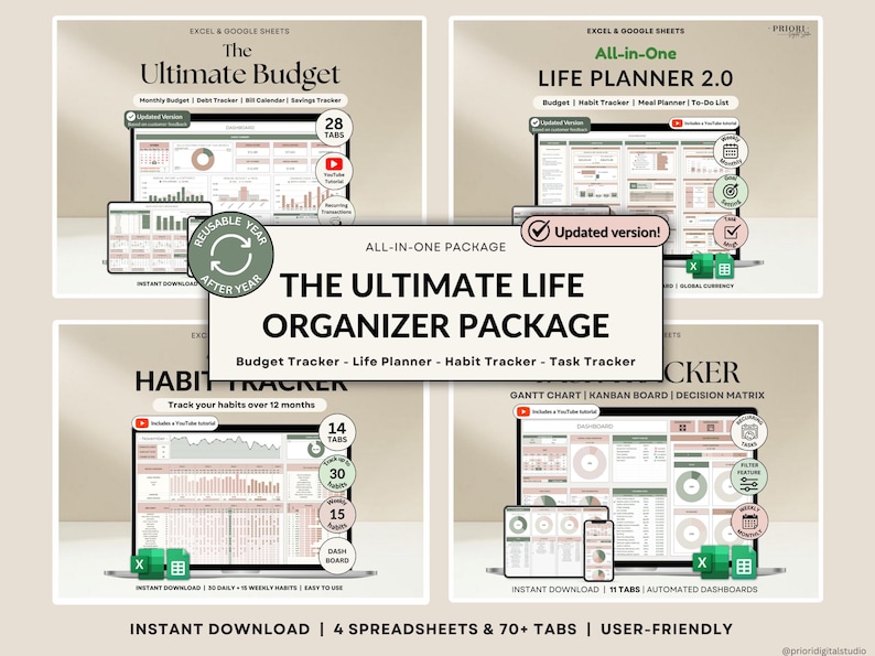 Life Planner Package Annual Budget Tracker Excel Habit Tracker Google ...