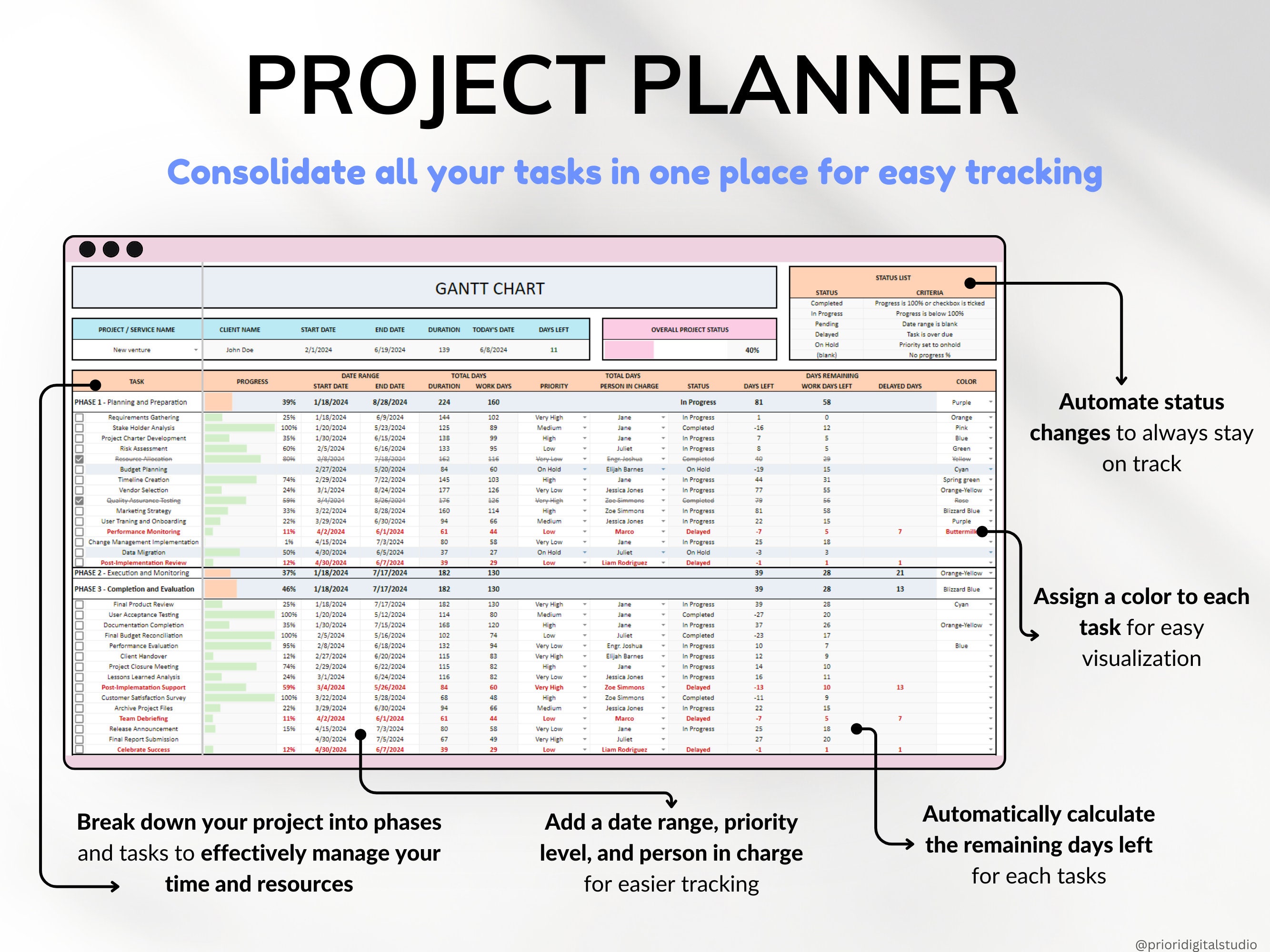 Gantt Chart Small Business Project Planner Google Sheets Excel Task ...