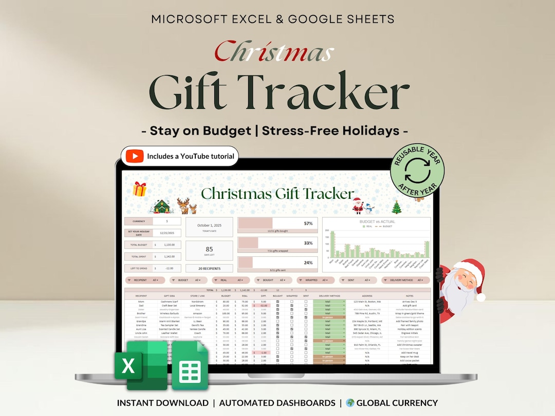 Christmas Budget Gift Tracker Excel Spreadsheet Holiday Gift Planner ...