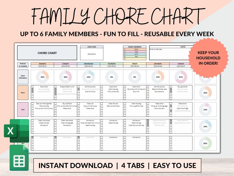Family Chore Chart Google Sheets Excel Template Planner Family Chore ...