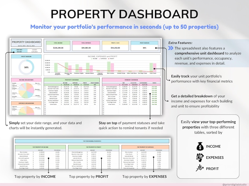 Rental Property Tracker Landlord Spreadsheet Multi Property Income and ...