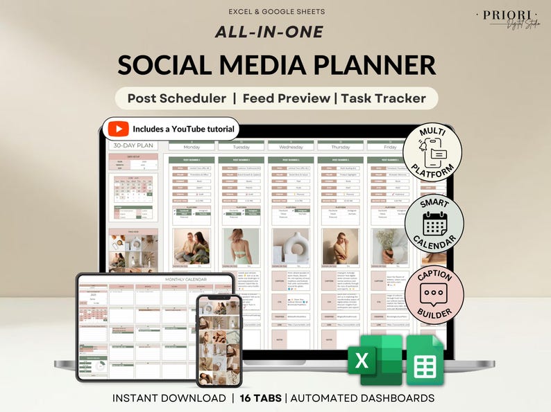 Social Media Content Planner Spreadsheet Monthly Content Calendar for ...