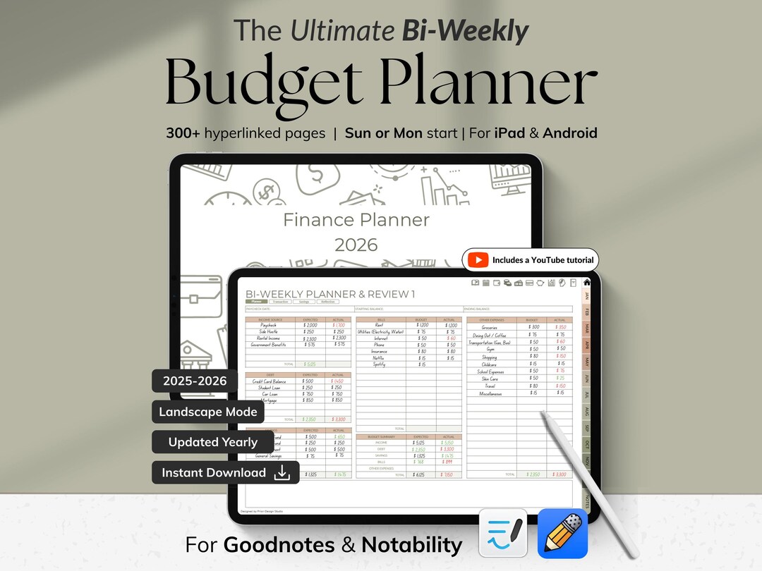 Digital Budget Planner 2025 2026 Bi Weekly & Monthly Budget Paycheck ...