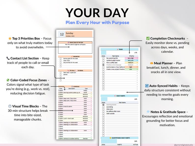 Weekly Planner Daily Task Tracker Spreadsheet Google Sheets ADHD Weekly ...