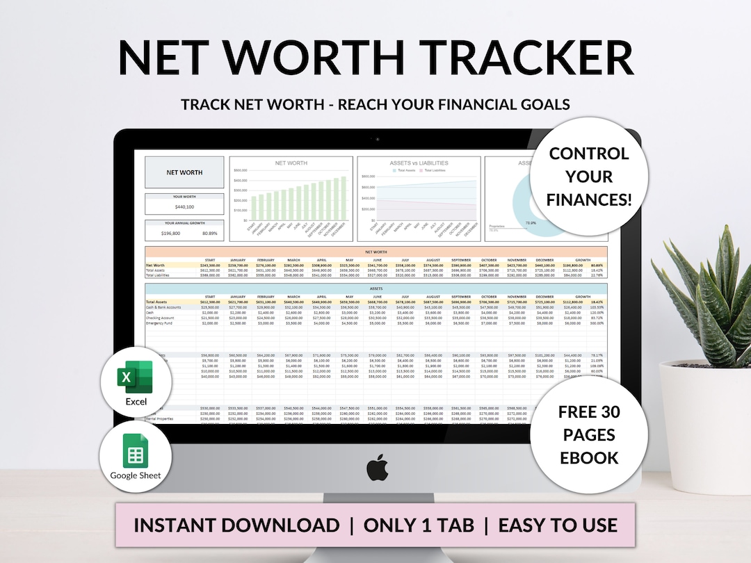 Net Worth Tracker Spreadsheet Template Google Sheets Excel Annual Net Worth Dashboard Personal ...