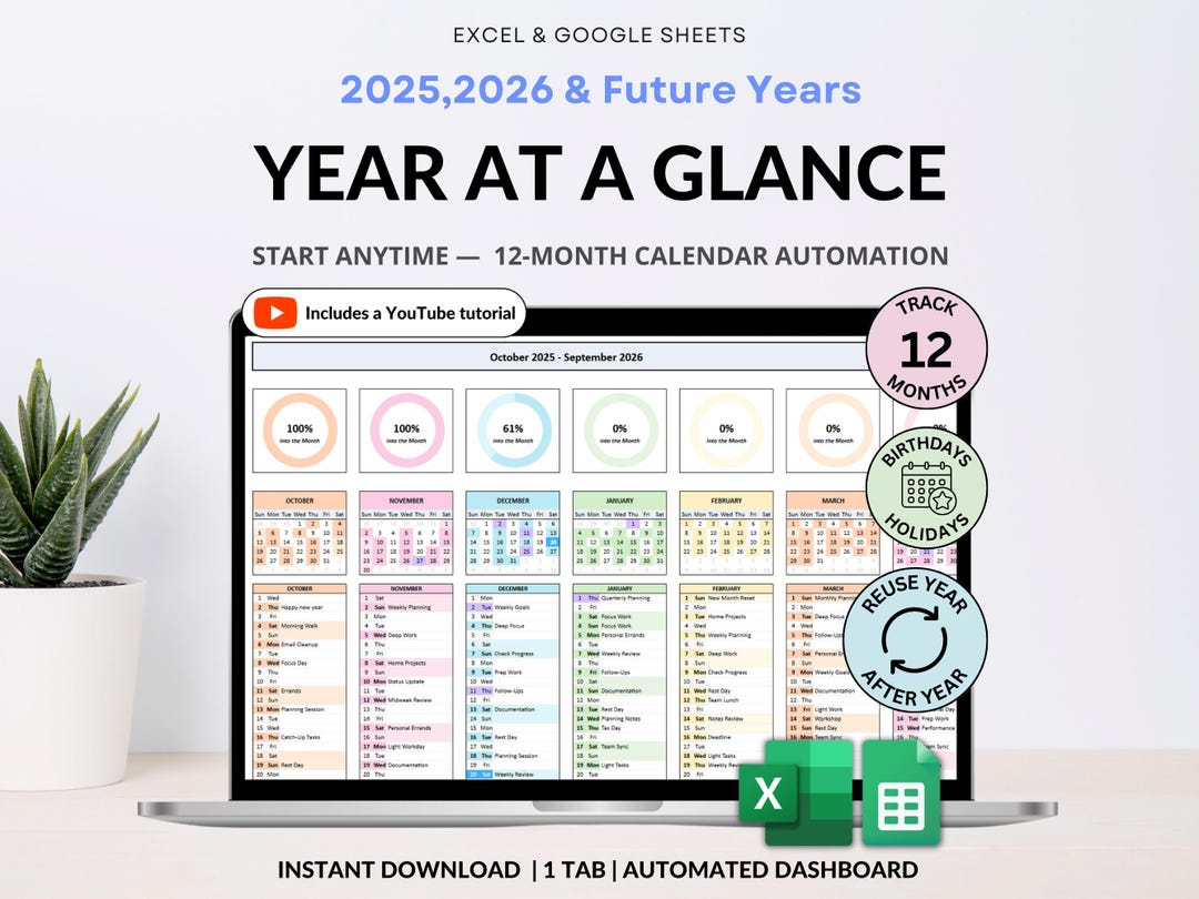 Year at a Glance Planner Spreadsheet Undated Yearly Overview Google ...