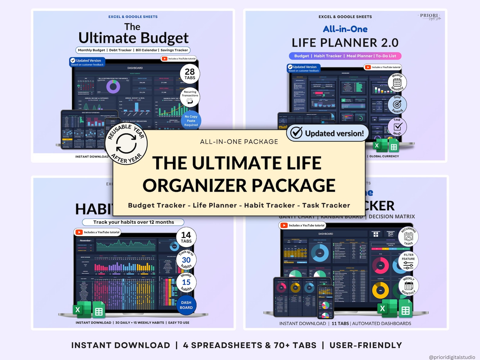 Life Planner Google Sheets Dark Mode Annual Budget Tracker Excel Budget ...