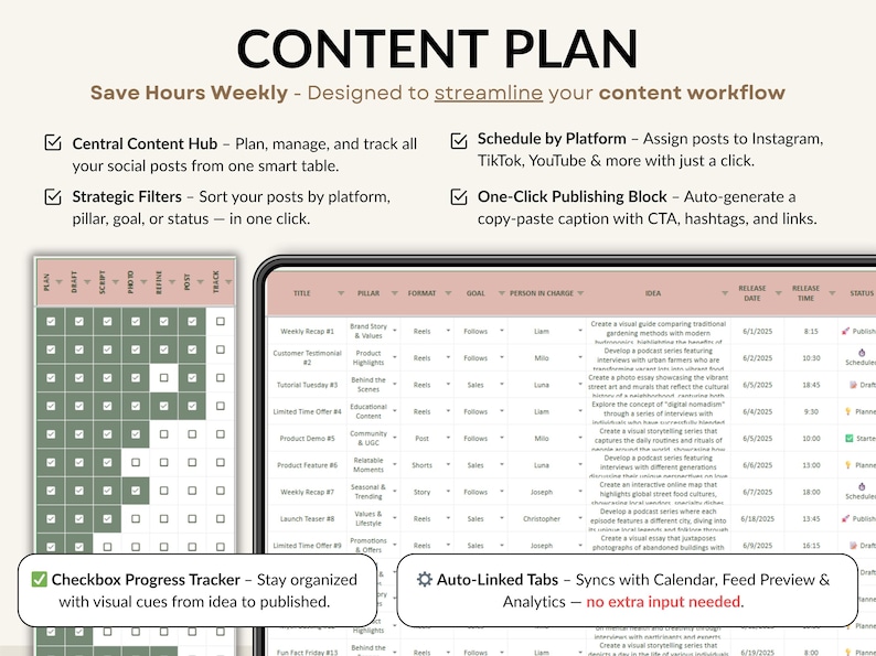 Social Media Content Planner Spreadsheet Monthly Content Calendar for ...