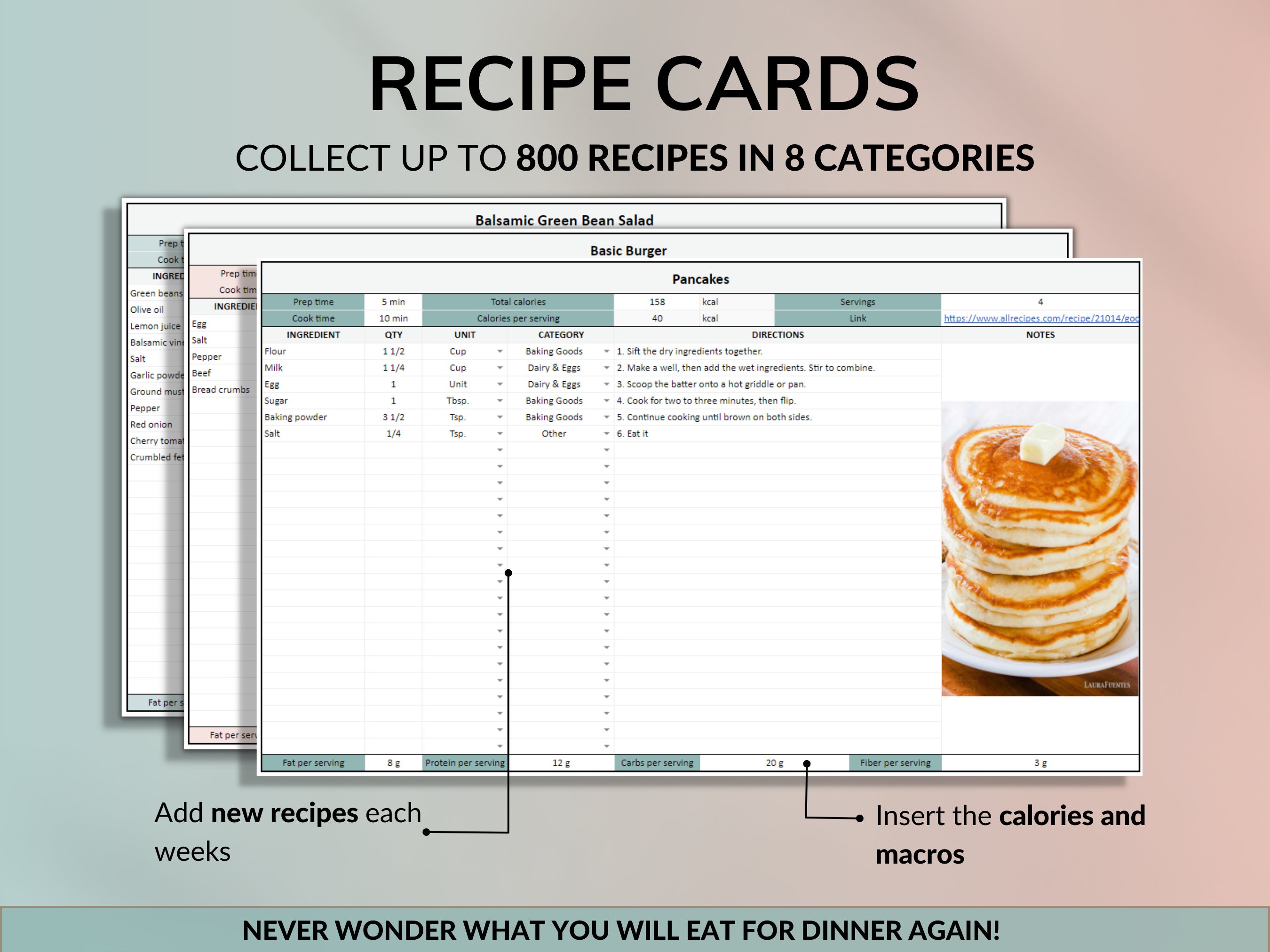 Weekly Meal Planner Spreadsheet Google Sheets Excel Recipe Journal ...